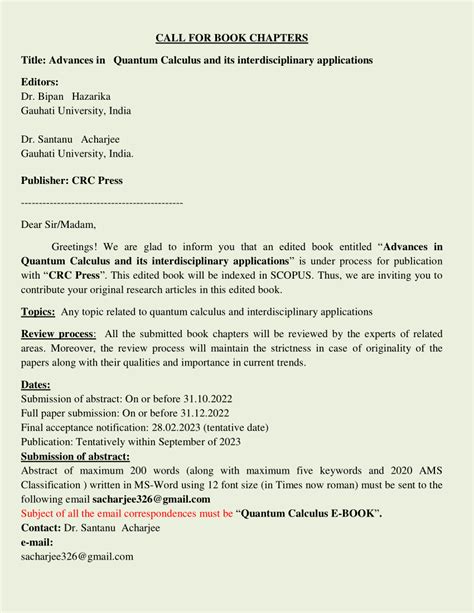 Pdf Call For Book Chapters Title Advances In Quantum Calculus And Its Interdisciplinary
