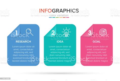 3 단계 연속 화살표 비즈니스 모델의 개념 3 개의 다채로운 요소 브로셔 프리젠 테이션을위한 타임 라인 디자인 인포그래픽 디자인 레이아웃 3가지 개체에 대한 스톡 벡터 아트