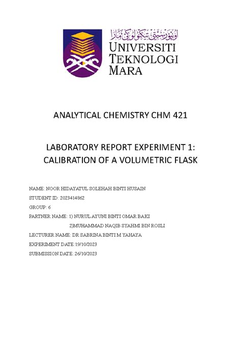 Lab Report Chm 421 Ex1 Chm 421 Analytical Chemistry Chm 421 Laboratory Report Experiment 1
