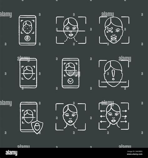 Facial Recognition Chalk Icons Set Face Lock Banking Approved Protection Smartphone Apps