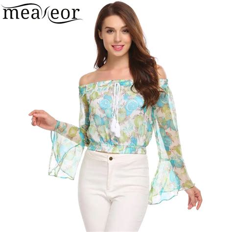Meaneor Chiffon Women Blouses Casual Print Off Shoulder Autumn Blouse