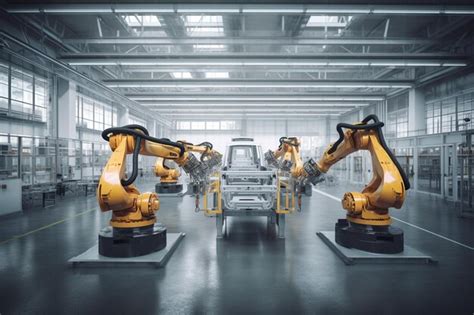 Premium Ai Image Automated Robot Arm Assembly Line Producing High Tech Electric Vehicles
