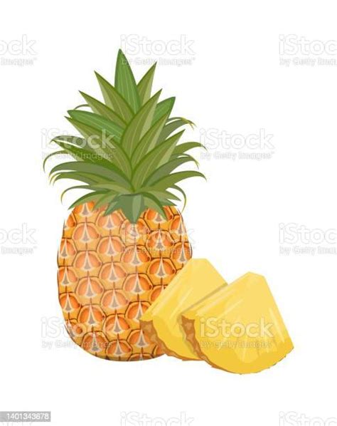 파인애플 나뭇잎과 조각이있는 전체 흰색 배경에 고립 된 평면 스타일 벡터 일러스트 레이 션 파인애플에 대한 스톡 벡터 아트 및