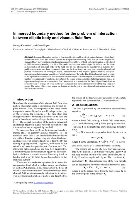 Pdf Immersed Boundary Method For The Problem Of Interaction Between Elliptic Body And Viscous