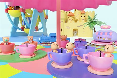 찻잔 타기 테디베어 철도 트랙 기관차 관람차 성 탑 파란색 배경에 격리된 상점이 있는 3d 놀이공원 개념 3d 그림 렌더링 클리핑 경로 3차원 형태에 대한 스톡 사진 및