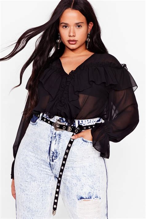 Plus Size Sheer Ruffle Blouse