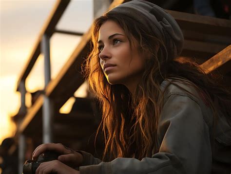 Arafed Woman Sitting On A Bench With A Camera In Her Hand Premium AI Generated Image
