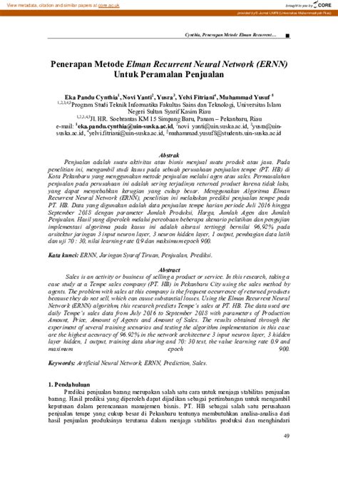 Pdf Penerapan Metode Elman Recurrent Neural Network Ernn Untuk Peramalan Penjualan