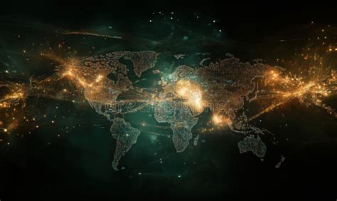 Illuminated World Map With Data Connections Vibrant Lights Global Network Visualization