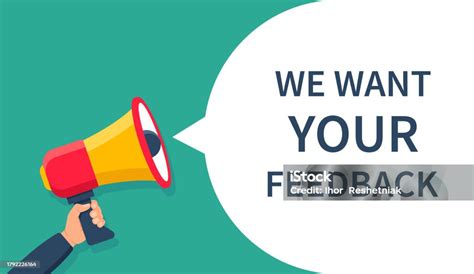 거품이 있는 확성기를 들고 있는 남자는 당신의 피드백을 원합니다 만족도의 고객 의견 설문 조사는 확성기로 발표합니다 벡터 개념에 대한 스톡 벡터 아트 및 기타 이미지