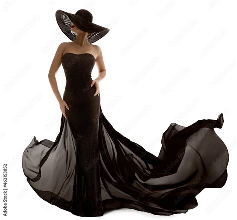 Elegant Fashion Model In Black Dress Sexy Woman Silhouette In Hat Luxury Lady In Long Evening
