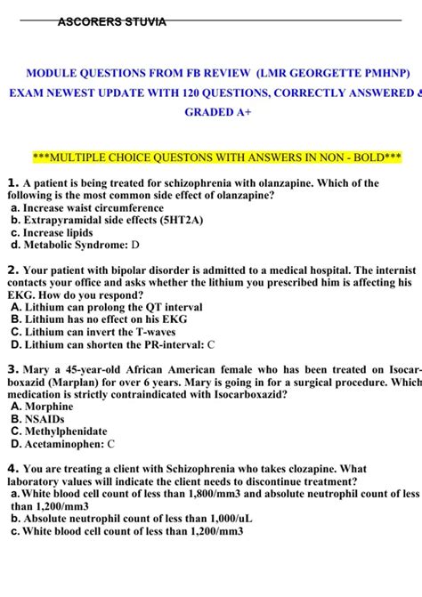 MODULE QUESTIONS FROM FB REVIEW LMR GEORGETTE PMHNP EXAM NEWEST UPDATE WITH QUESTIONS