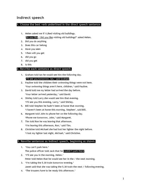 indirect speech answers pdf