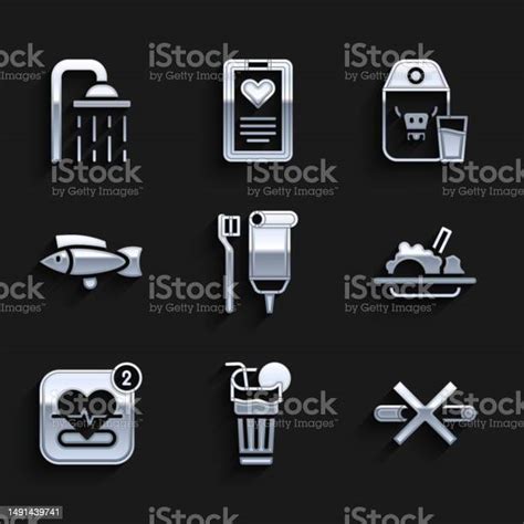 칫솔과 치약 신선한 스무디 금연 건강 식품 심박수가 있는 모바일 생선 우유용 종이 패키지 및 샤워 헤드 아이콘을 설정합니다 벡터 건강한 생활방식에 대한 스톡 벡터 아트 및