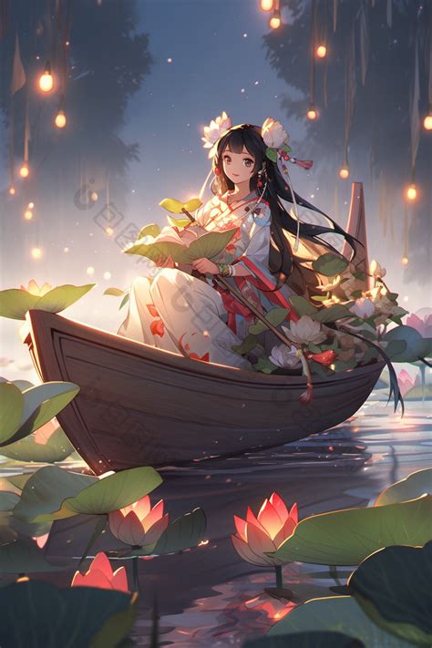 少女荷花池划船湖面壁纸插画图片 包图网