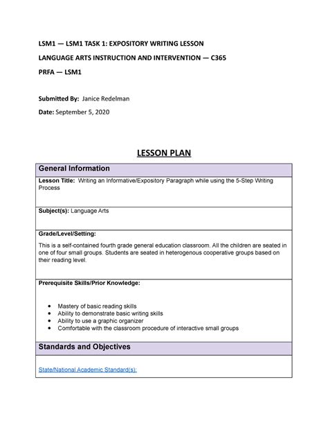 C365 Lesson Plan Pa Task 1 Lsm1 — Lsm1 Task 1 Expository Writing Lesson Language Arts