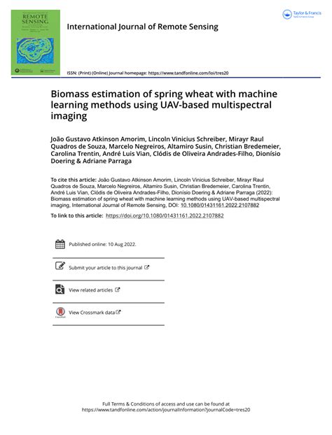 Pdf Biomass Estimation Of Spring Wheat With Machine Learning Methods Using Uav Based