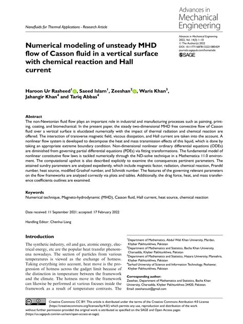 Pdf Numerical Modeling Of Unsteady Mhd Flow Of Casson Fluid In A