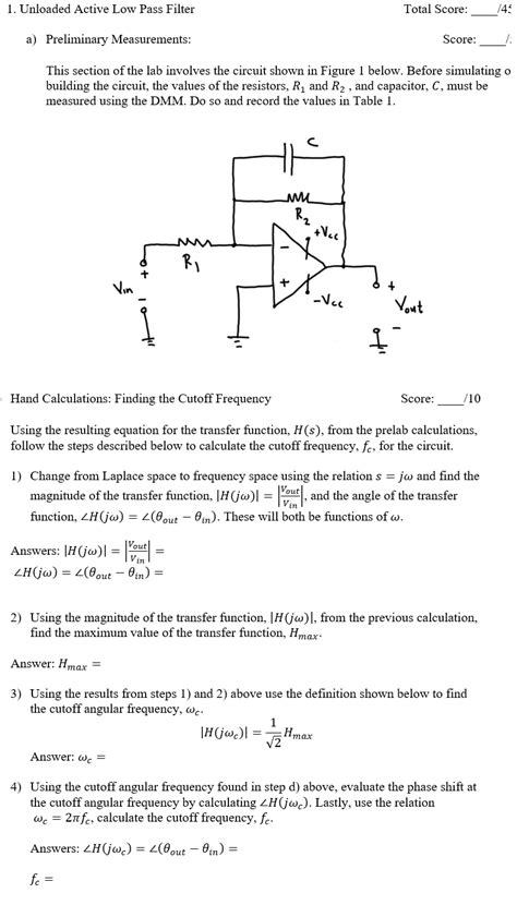 Solved Unloaded Active Low Pass Filter Total Score A Chegg