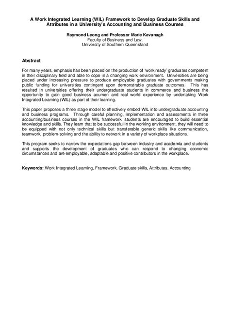 pdf a work integrated learning wil framework to develop graduate