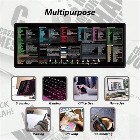 Excel Shortcut Keys Mouse Pad Extended Large Xl Cheat Sheet Gaming