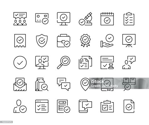 확인 표시 아이콘 벡터 선 아이콘이 설정되었습니다 승인 체크 체크 표시 품질 관리 개념 검은색 윤곽선 획 기호 인증 아이콘에