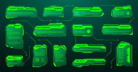 녹색 미래 지향적 Hud Ui 요소 공상 과학 사용자 인터페이스 텍스트 상자 설명선 경고 메시지 프레임 정보 상자 템플릿입니다