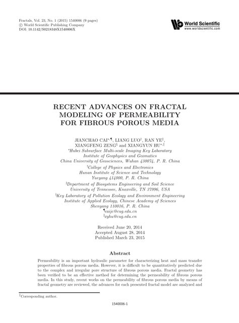 Pdf Recent Advances On Fractal Modeling Of Permeability For Fibrous Porous Media