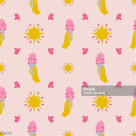손으로 그린 아이스크림과 태양 이음매 없는 패턴 손으로 그린 질감의 리노 컷 스타일 여름 일러스트레이션 배경 장난기 넘치는