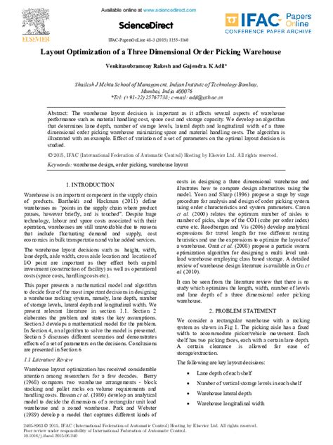 Pdf Layout Optimization Of A Three Dimensional Order Picking Warehouse
