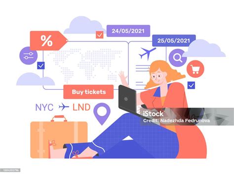 노트북 여행 가방 및 비행기 티켓을 가진 소녀 프로모션 및 할인 마일의 축적 큰 거래의 선택 비행기 여행 개념 벡터 플랫 일러스트레이션 한 명의 여자만에 대한 스톡 벡터