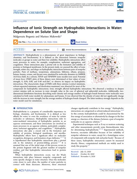 Pdf Influence Of Ionic Strength On Hydrophobic Interactions In Water Dependence On Solute