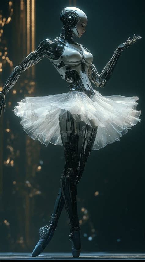 Humanoid Robot Ballerina Performing A Graceful Dance In A Dimly Lit Theater Setting Showcasing