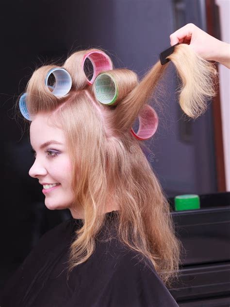 Beautiful Blond Girl Hair Curlers Rollers Hairdresser Beauty Salon