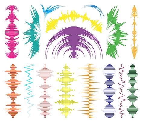 큰 컬렉션 다채로운 음악 파도 로고 및 오디오 기호 현대적인 디자인 사운드 이퀄라이저 요소 설정 벡터 디지털 미디어 파형 기술 템플릿 프리미엄 벡터