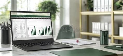 Data Analysis On Laptop Screen Modern Office Setup Green Theme