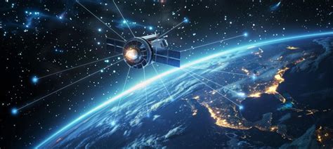 Satellite In Orbit Around Earth Transmitting Data With Light Beams Space Communication Concept
