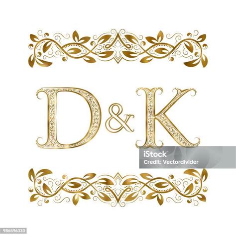 D와 K 빈티지 이니셜 상징 글자 장식 요소에 의해 포위 된다 결혼식 또는 로얄 스타일에서 비즈니스 파트너 모노 그램입니다 알파벳 D에 대한 스톡 벡터 아트 및 기타 이미지