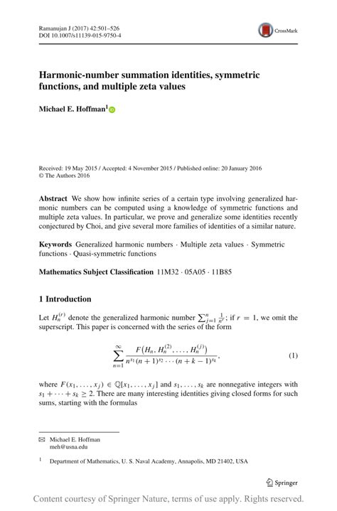 Harmonic Number Summation Identities Symmetric Functions And Multiple