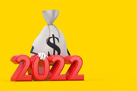 빨간 새해 2022 기호와 함께 소박한 캔버스 리넨 돈 자루 또는 머니 백과 달러 사인 캐릭터 마스코트를 묶었다 3d 렌더링