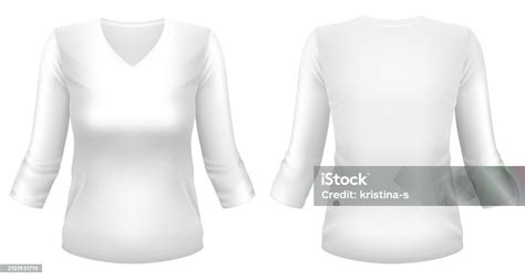 빈 흰색 V 넥 3 4 소매 셔츠 템플릿입니다 앞면과 뒷면 보기 벡터 일러스트 레이 션입니다 0명에 대한 스톡 벡터 아트 및 기타 이미지 Istock