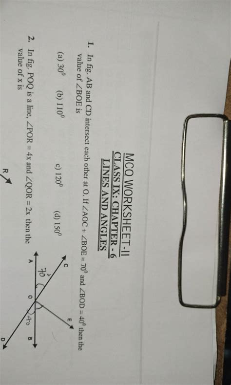 MCQ WORKSHEET II CLASS IX CHAPTER LINES AND ANGLES In Fig AB And