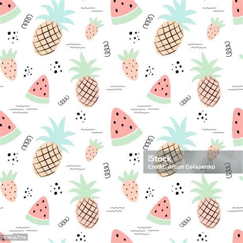 파인애플 박 딸기와 완벽 한 열 대 패턴입니다 벡터 여름 그림 아이 들을 위한 플라밍고의 직물 배경 보육 생일 샤워 종이 옷 선물 0명에 대한 스톡 벡터 아트 및 기타