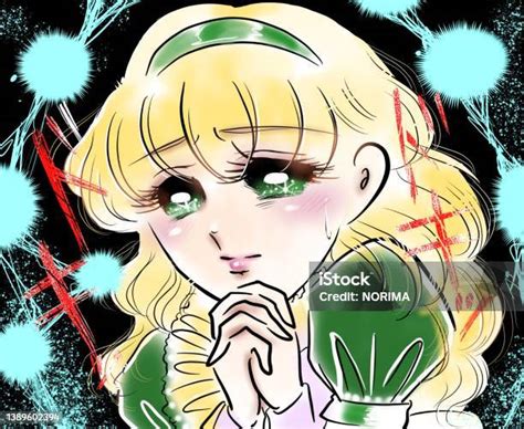 70 년대 쇼조 만화와 번개 배경에서 무언가를 진심으로 기원하여 그녀의 손을 건너는 아름다운 금발 여성의 컬러 일러스트 만화 스타일에 대한 스톡 벡터 아트 및 기타 이미지