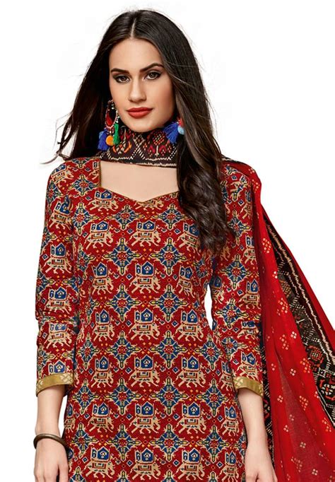 Womens Red And Bronze Cotton Printed Readymade Salwar Suit Set Om