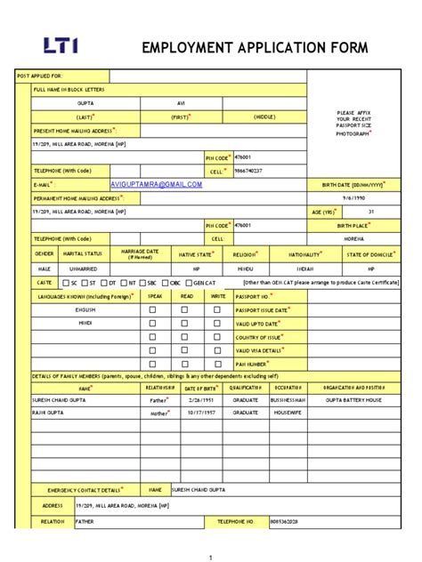 Lti Employment Application Form Blank Pdf