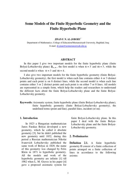 Some Models Of The Finite Hyperbolic Geo Pdf Hyperbolic Geometry