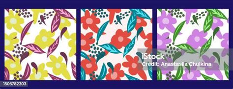 꽃 플랫 스타일의 손으로 그린 그림의 매끄러운 패턴 세트입니다 꽃무늬 디자인 인쇄 직물 벽지 종이 등을 위한 벡터 컬렉션입니다 0명에 대한 스톡 벡터 아트 및 기타 이미지
