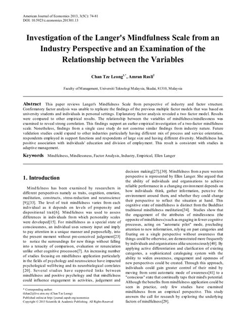 Pdf Investigation Of The Langers Mindfulness Scale From An Industry Perspective And An