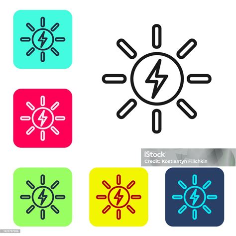 흰색 배경에 격리 된 검은 줄 태양 에너지 패널 아이콘 번개 기호와 태양 색상 정사각형 단추로 아이콘을 설정합니다 벡터 0명에 대한 스톡 벡터 아트 및 기타 이미지 Istock